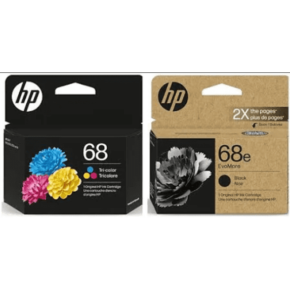 HP 68e Black EvoMore Ink Cartridge, 320 Pages, and Regular 68 Tri-Color ...