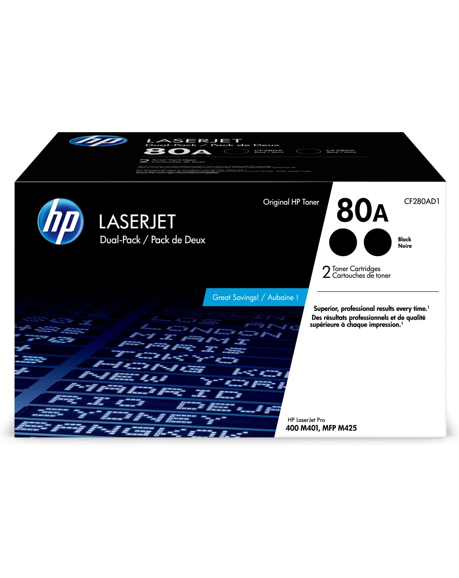 HP LaserJet 80A Black Toner Cartridges, 2-pack, ~2,560 pages, CF280AD1 ...