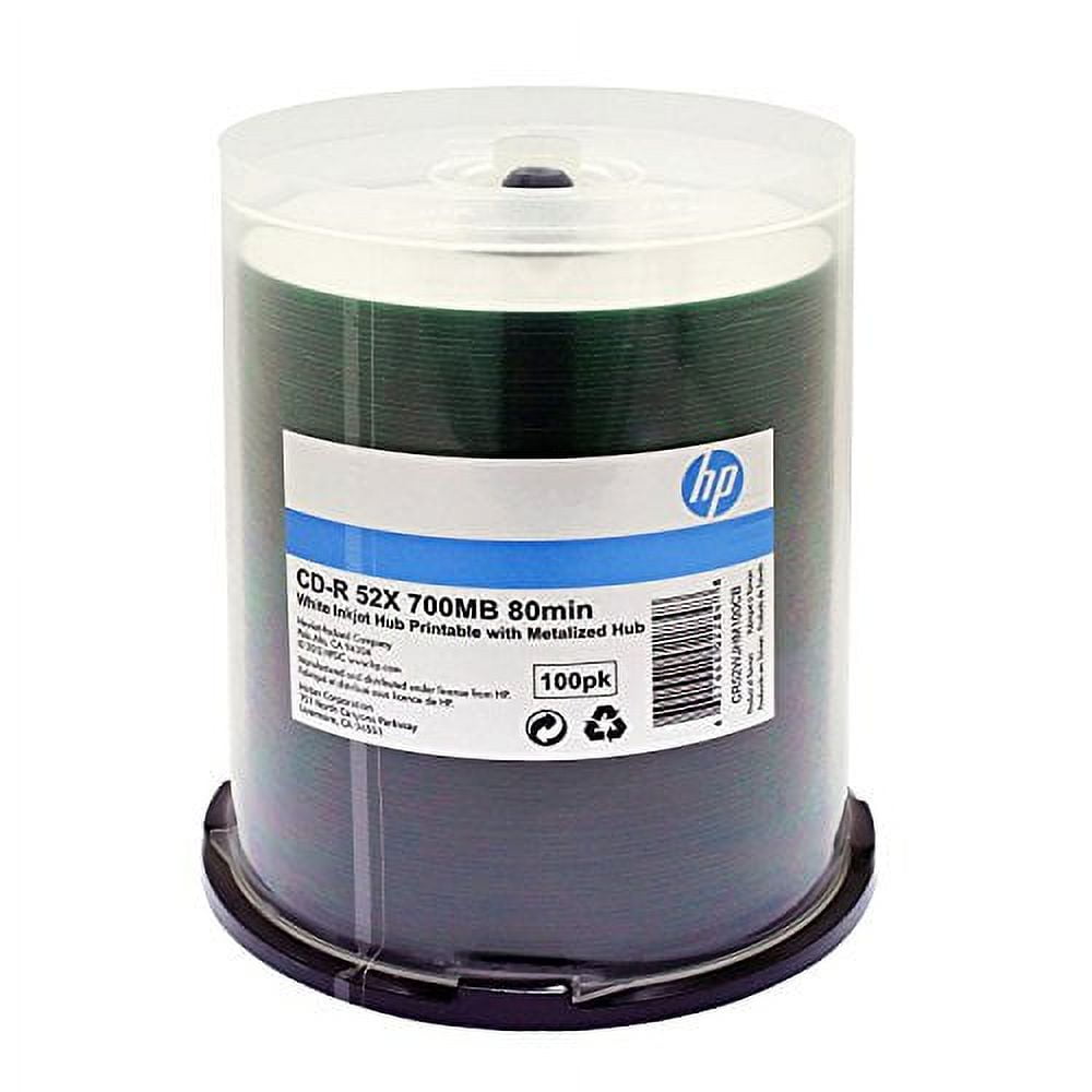 HP CD-R 52X 80 MIN White Inkjet Printable METALIZED HUB 100PK C/B ...