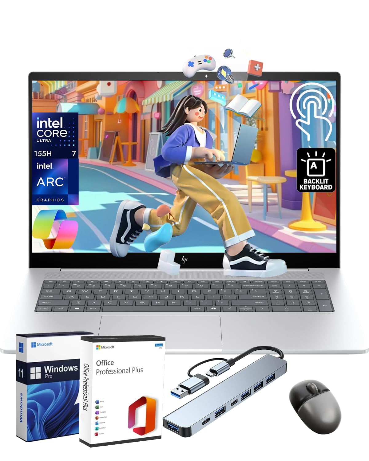 HP Envy 17.3" FHD Touchscreen Laptop - with MS Office Lifetime & USB Hub, Intel Core Ultra 7 ...