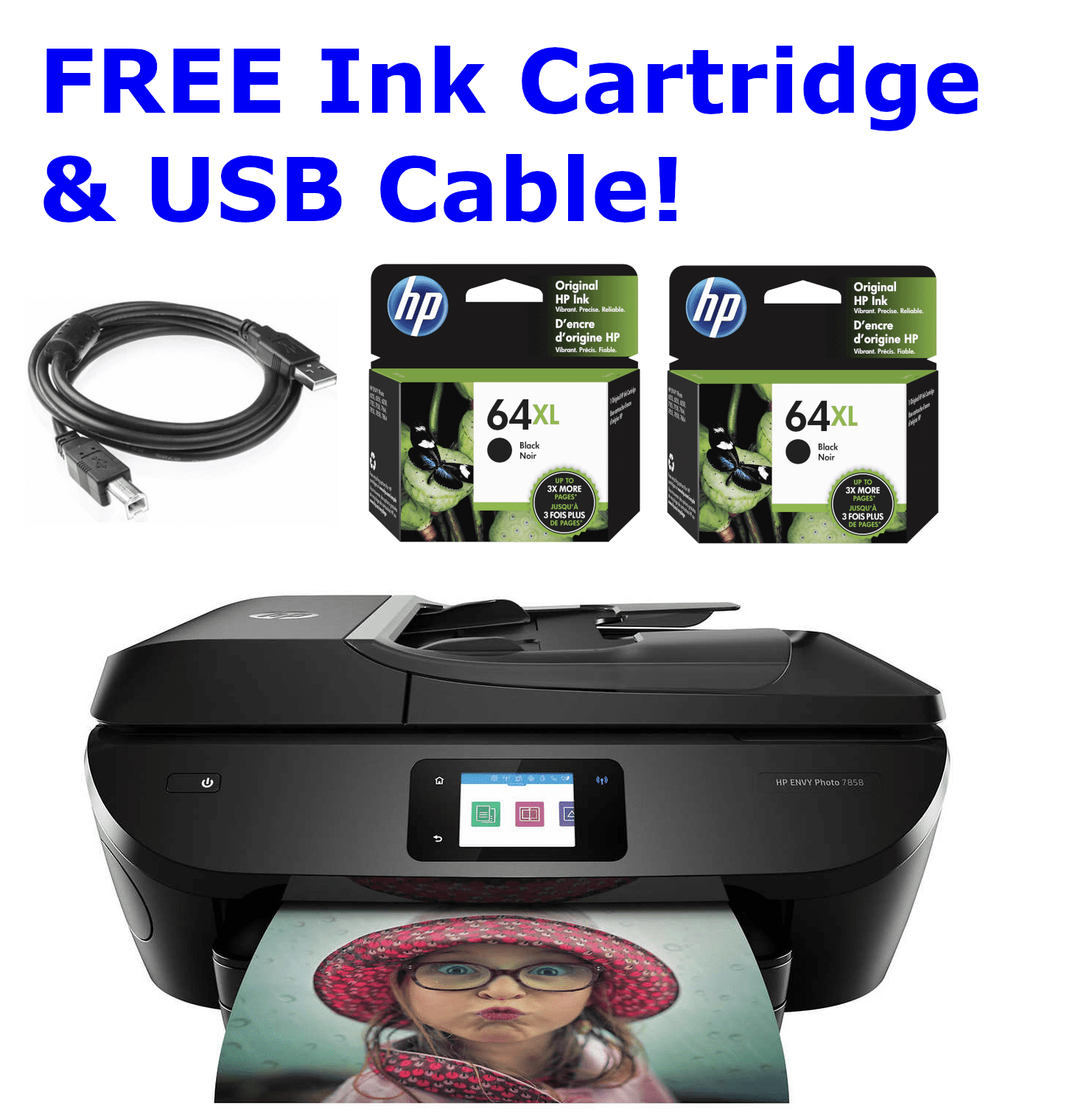 HP Envy 7858 Color All in One Wireless Photo Printer Print Scan Copy and Fax ADF Auto 2 sided Print Dual WiFi Connection FREE INK BONUS USB Cable Walmart