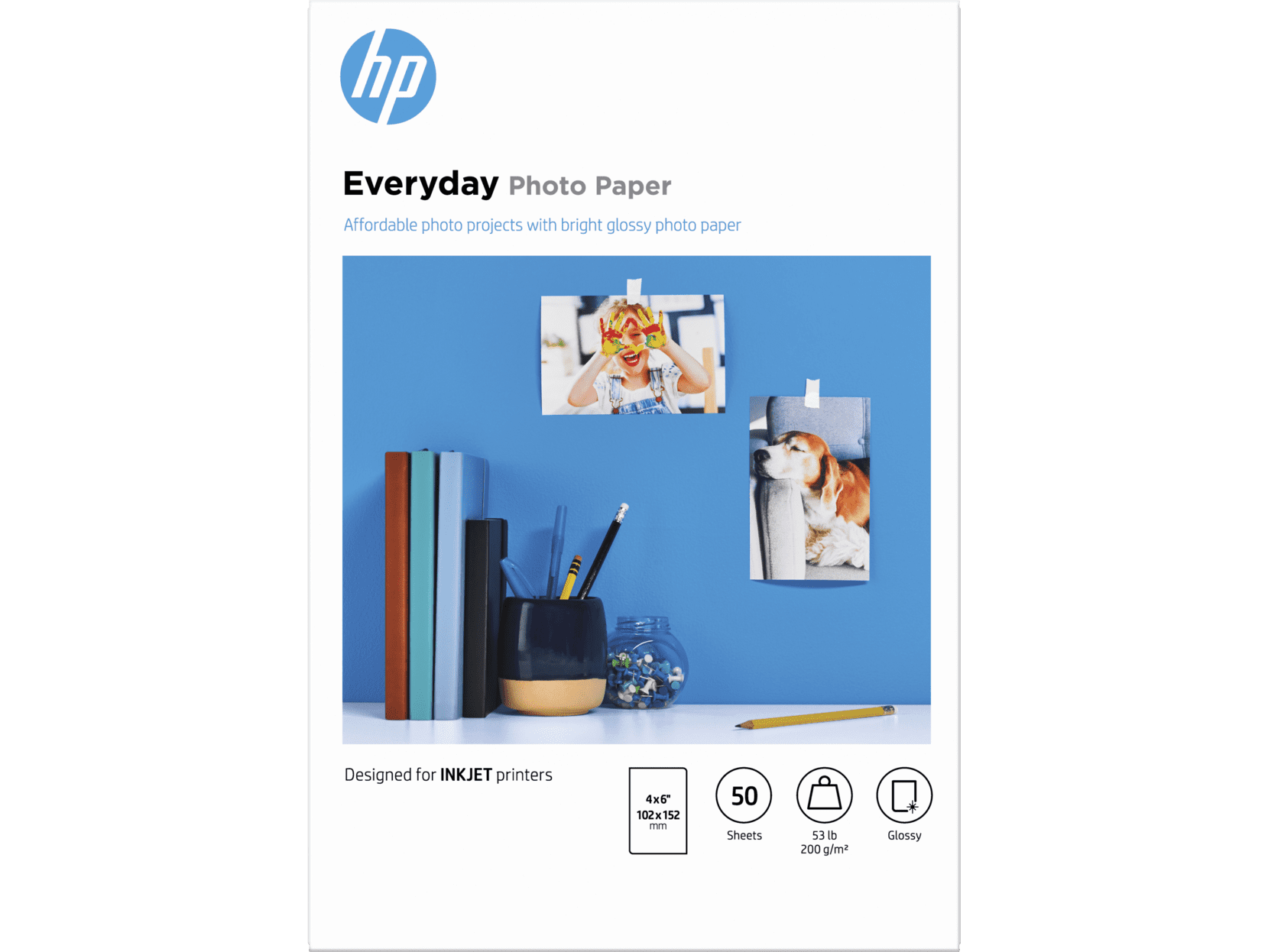 HP Everyday Photo Paper, Glossy, 52 lb, 4 x 6 in. (101 x 152 mm), 50 ...