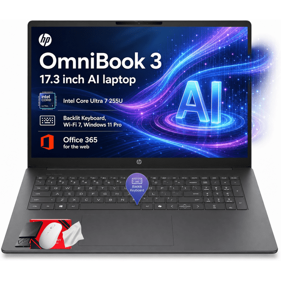 HP OmniBook 3 17-inch AI FHD Laptop, Intel Core Ultra 7 255U, 32GB RAM ...