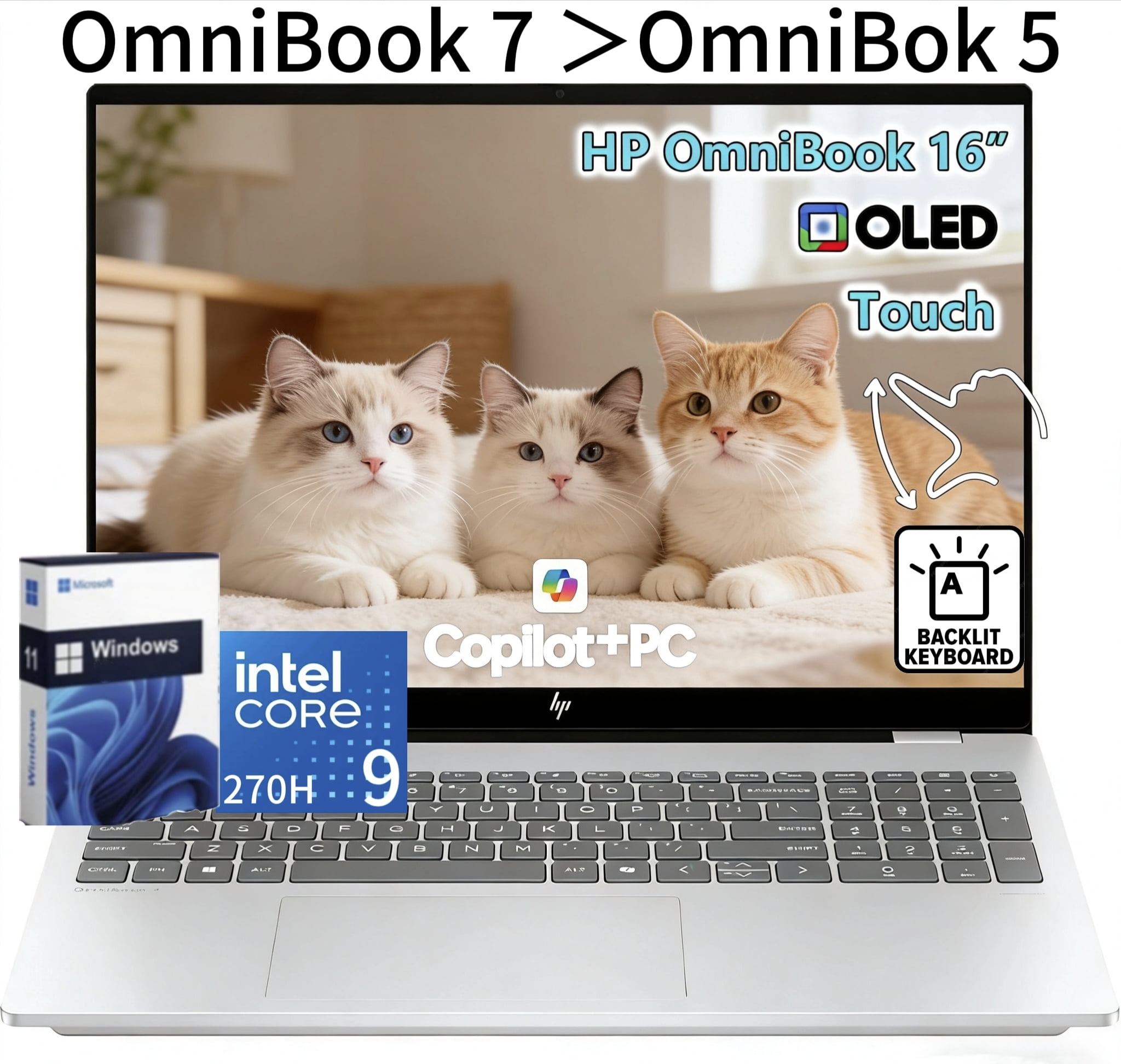 HP OmniBook 7 16" Laptop,Intel Core 9 270H, 2K OLED 120Hz Touchscreen ...