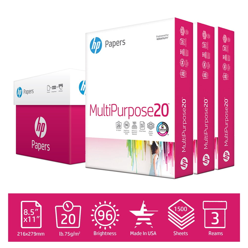 HP Printer Paper, Multipurpose20, 8.5x11, 20lb, 96 Bright, 3 Ream ...