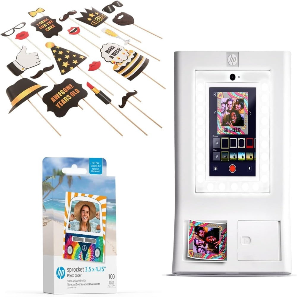 HP Sprocket Photo Booth Instant Color Printer + 100 Zink Sheets + Party ...