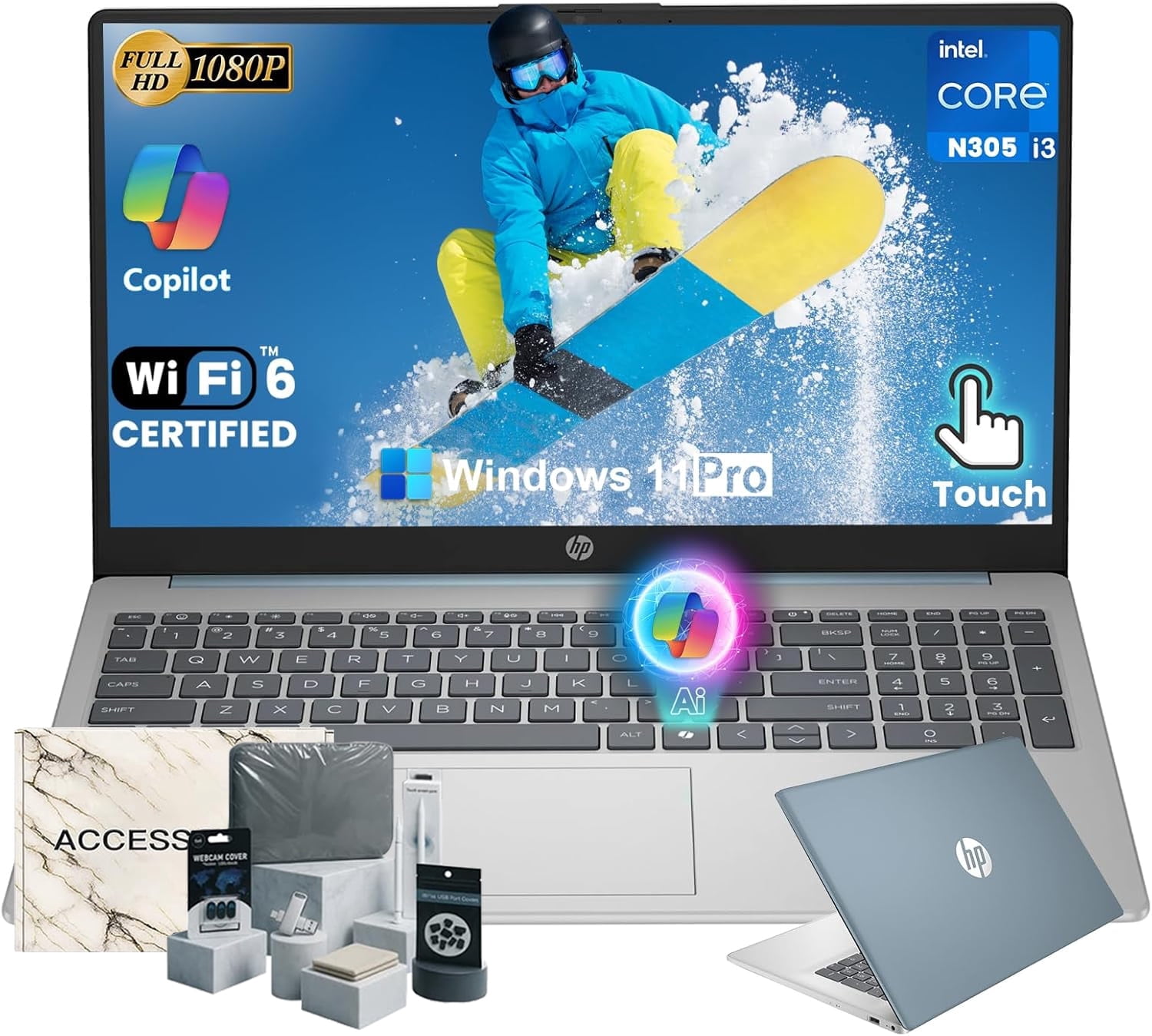 HP Touchscreen Laptop, Intel Core i3-N305, 15.6 inch Anti-Glare LED ...