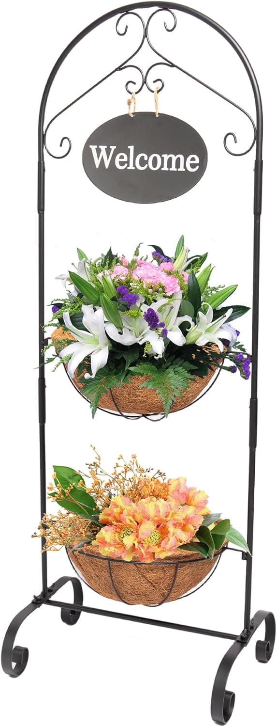 HPC Decor Welcome Planter Basket Stand w/2 Tier Coco Liner, 43.75” Tall ...