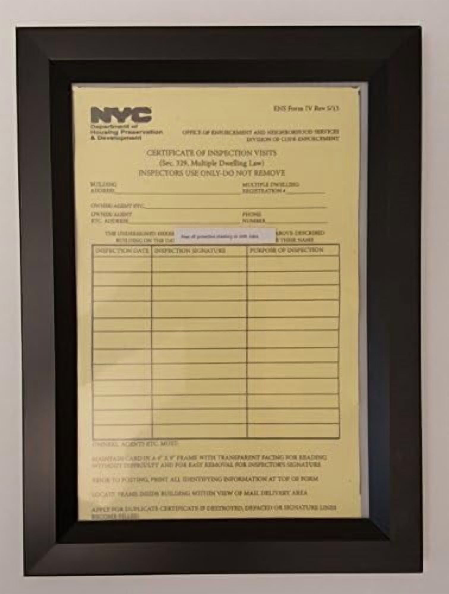 HPD New York City NYC Nspection Frame – Custom-Fitted To Hold Official ...