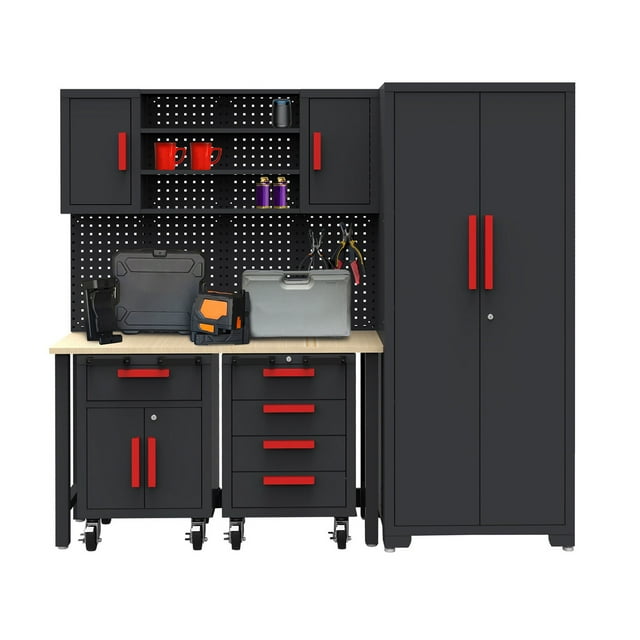 HPDAVV 6-Pcs Workshop Cabinet Set in Black with Workbench - Perfect for Organizing Garage and ...