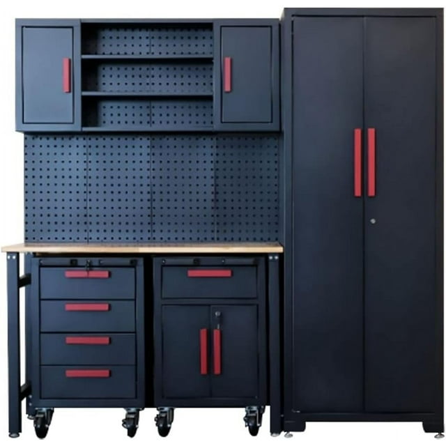HPDAVV 6-Pcs Workshop Cabinet Set in Black with Workbench - Perfect for Organizing Garage and ...