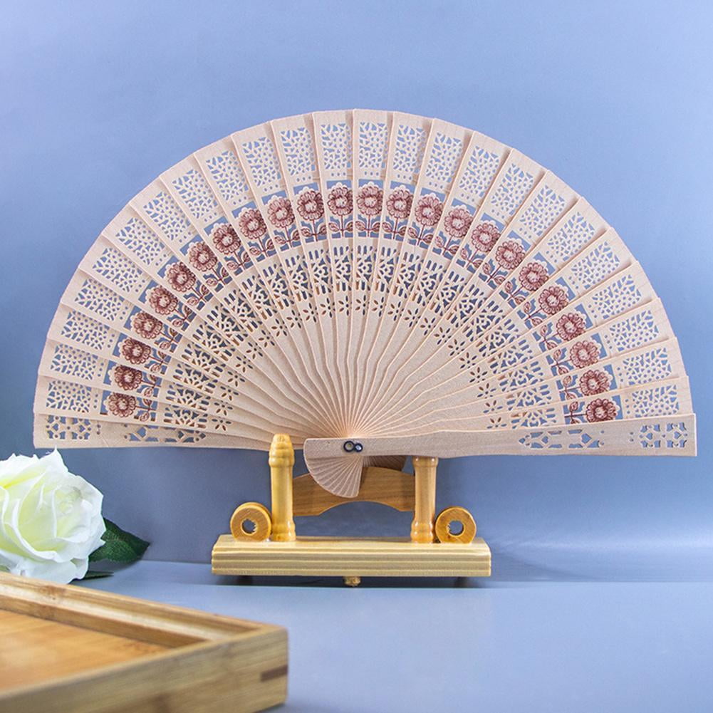 HPDL Wooden Bamboo Hand Held Folding Fan Print Flower Portable Fans ...