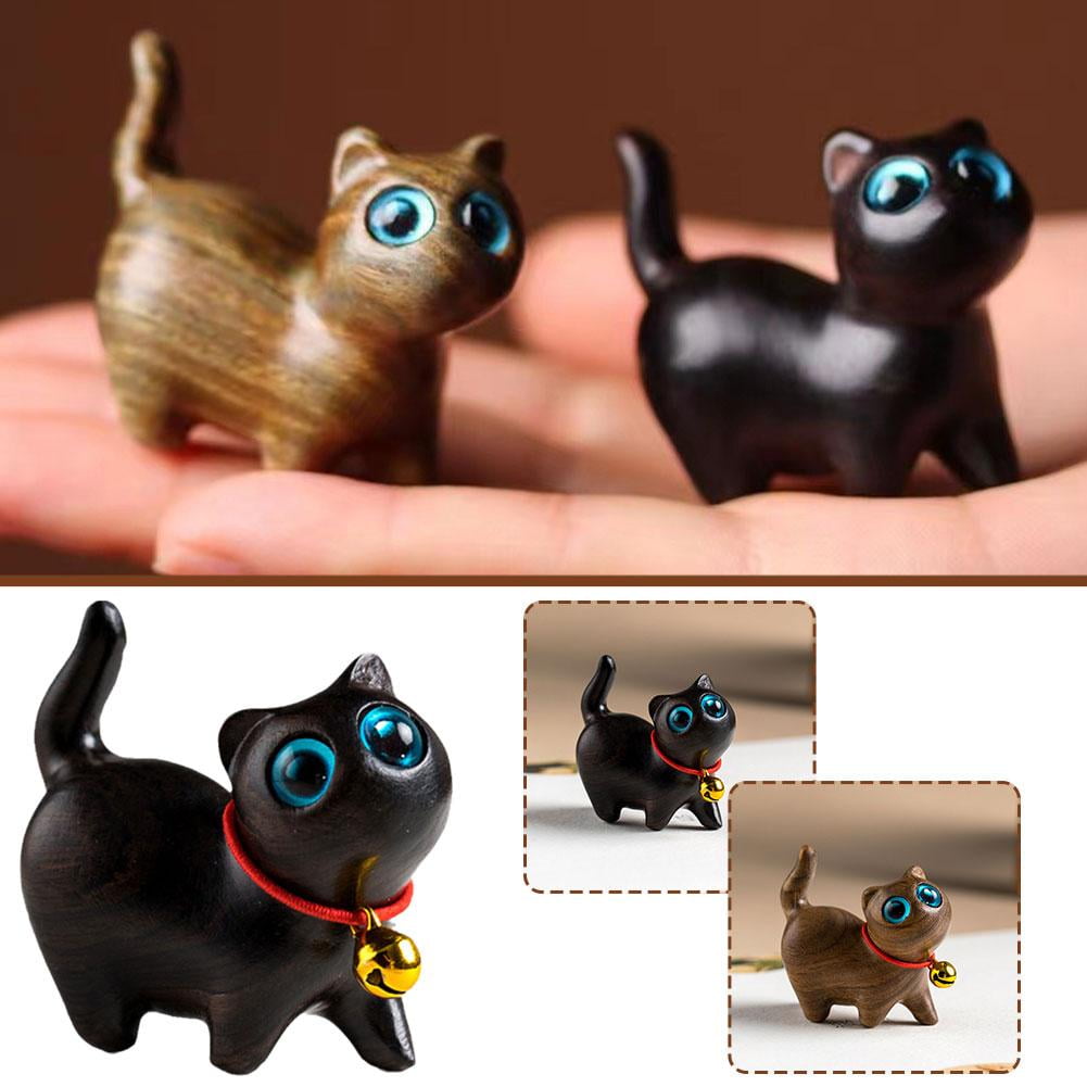 HPDL Wooden Ornament Lucky Cat Statue Handmade Wood Carved Gifts Cat ...