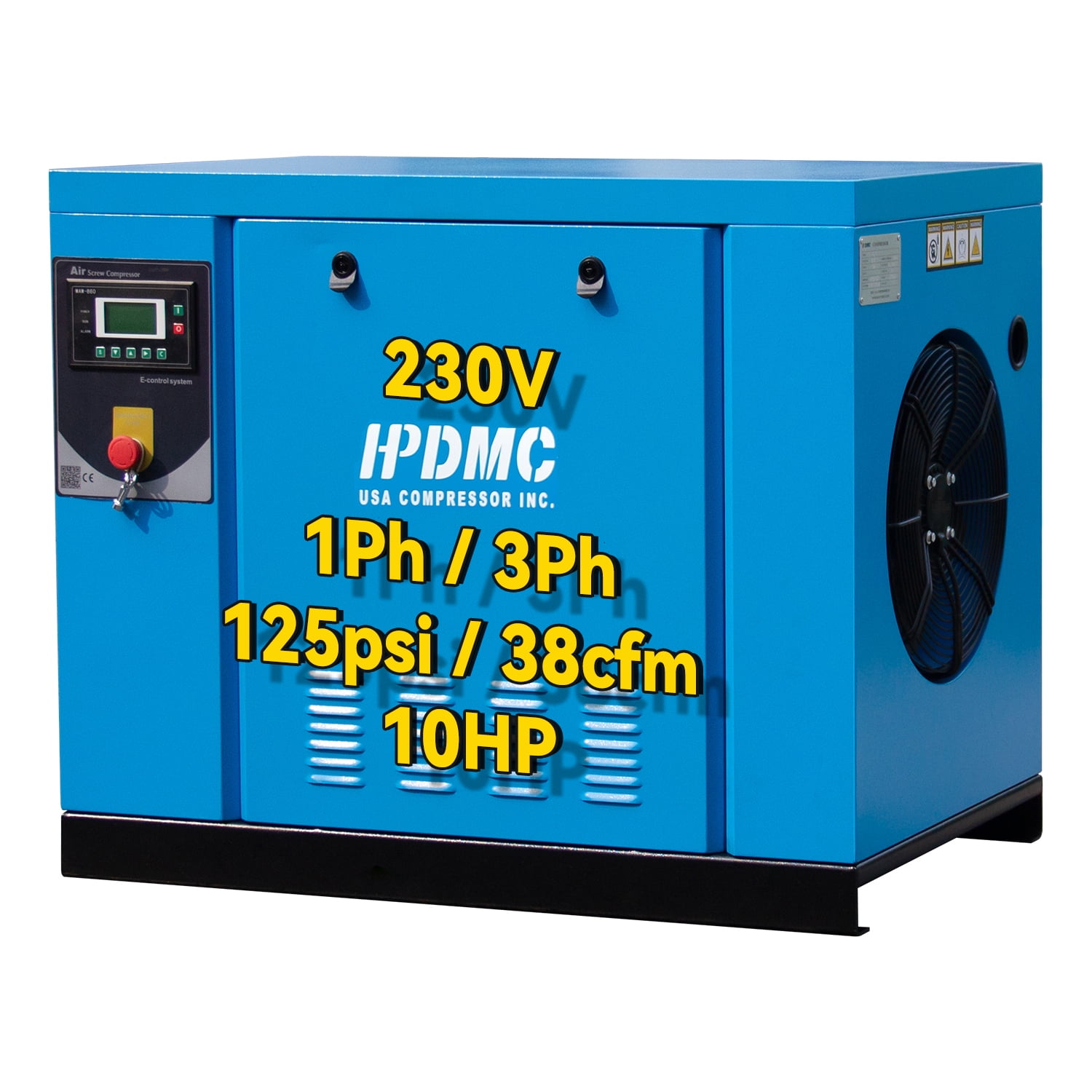 HPDMC 10HP Rotary Screw Air Compressor, 208-230V 1-Phase/3-Phase, 38 ...