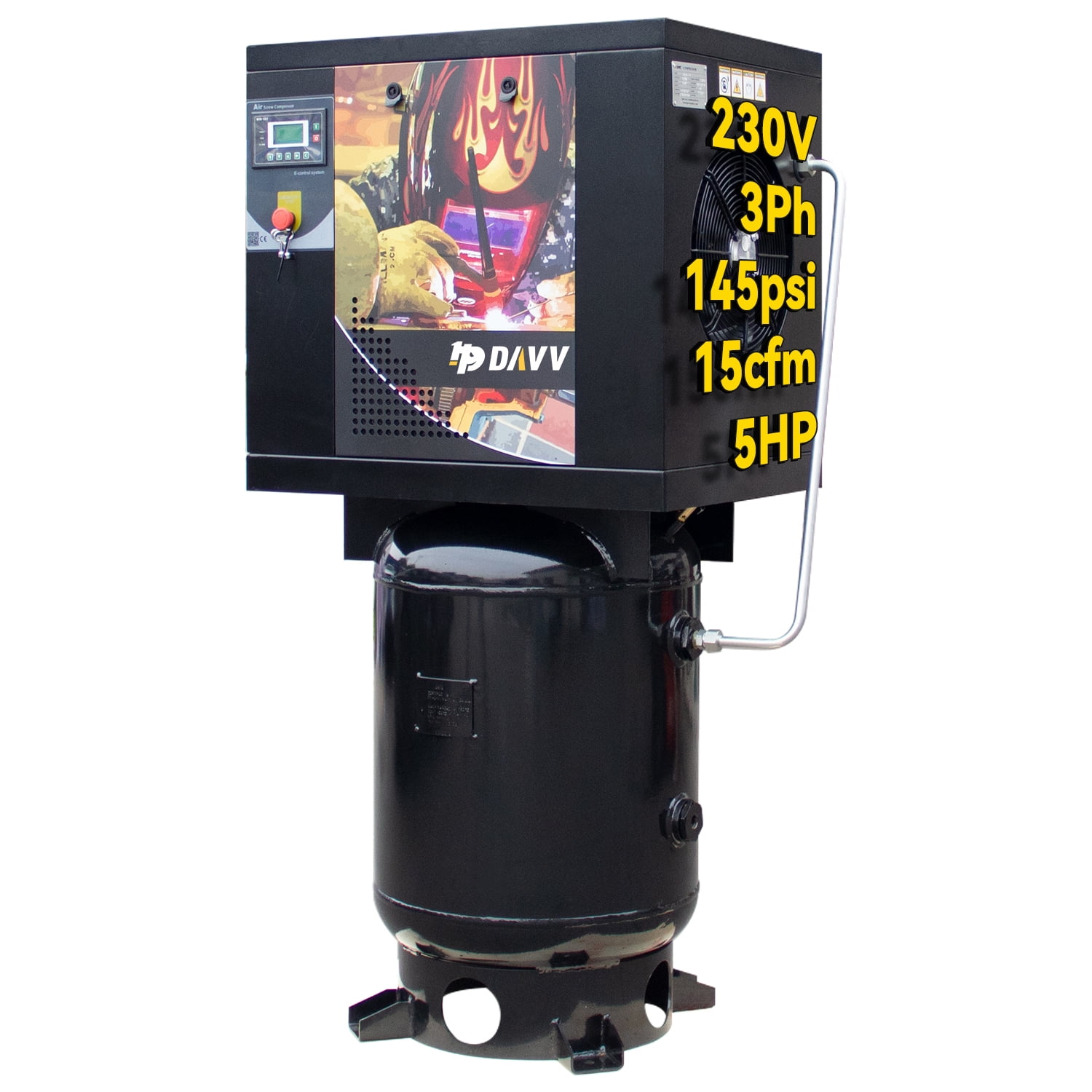 HPDMC 5HP Rotary Screw Air Compressor, 208-230V 3-Phase, 15 CFM @ 145 ...