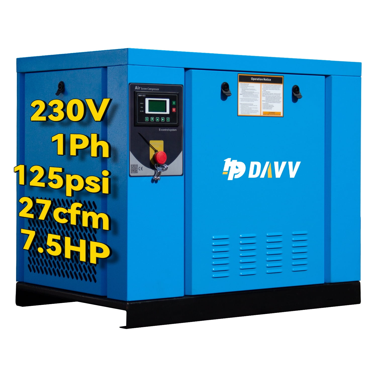 HPDMC 7.5HP Rotary Screw Air Compressor, 230V 1-Phase 27 CFM @ 125 PSI ...