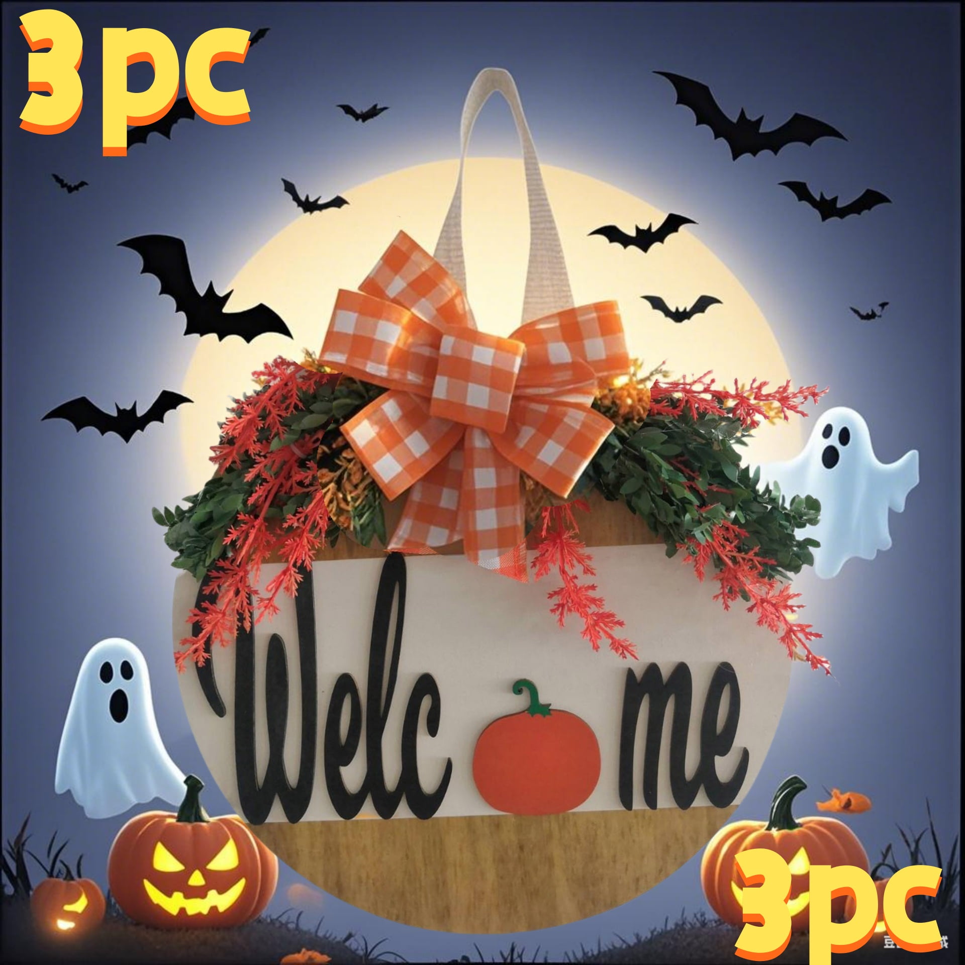 HPHW Halloween Welcome Door Sign - Wooden Wreath with Bow & Maple Leaf ...