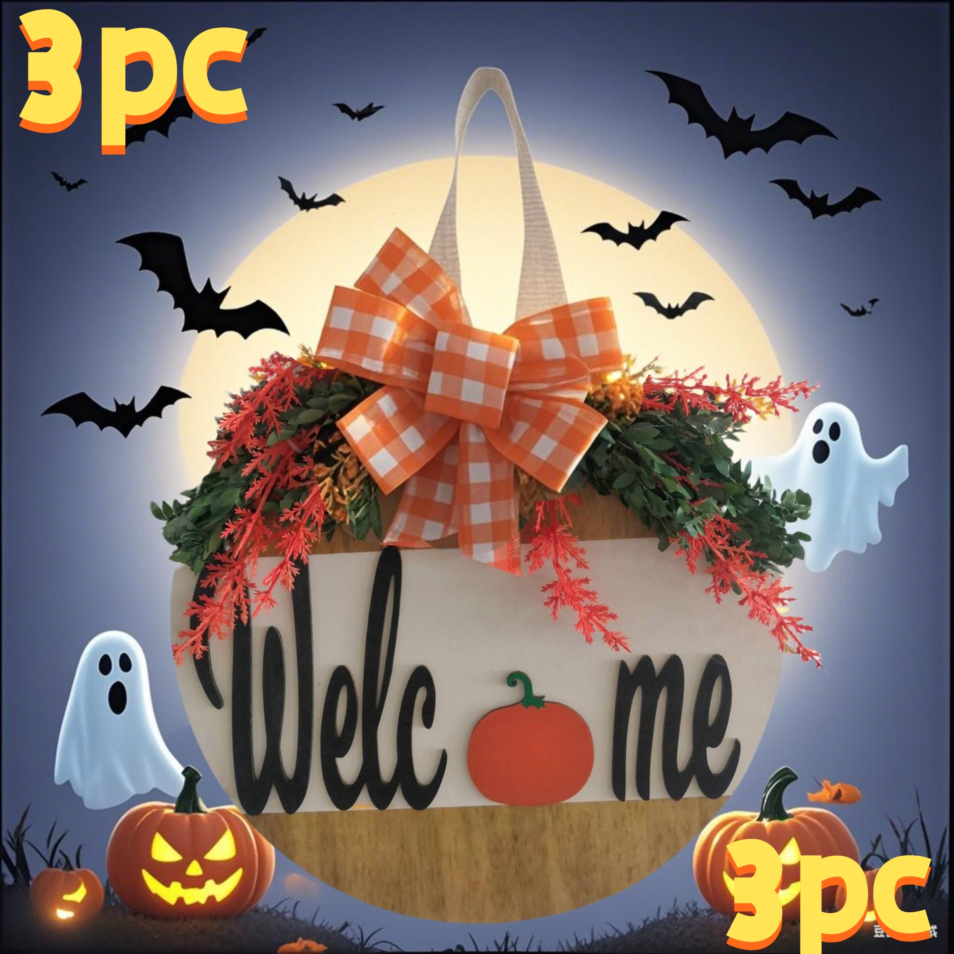 HPHW Welcome Sign Wreath - Pumpkin Bow Design, Perfect for Front Door ...