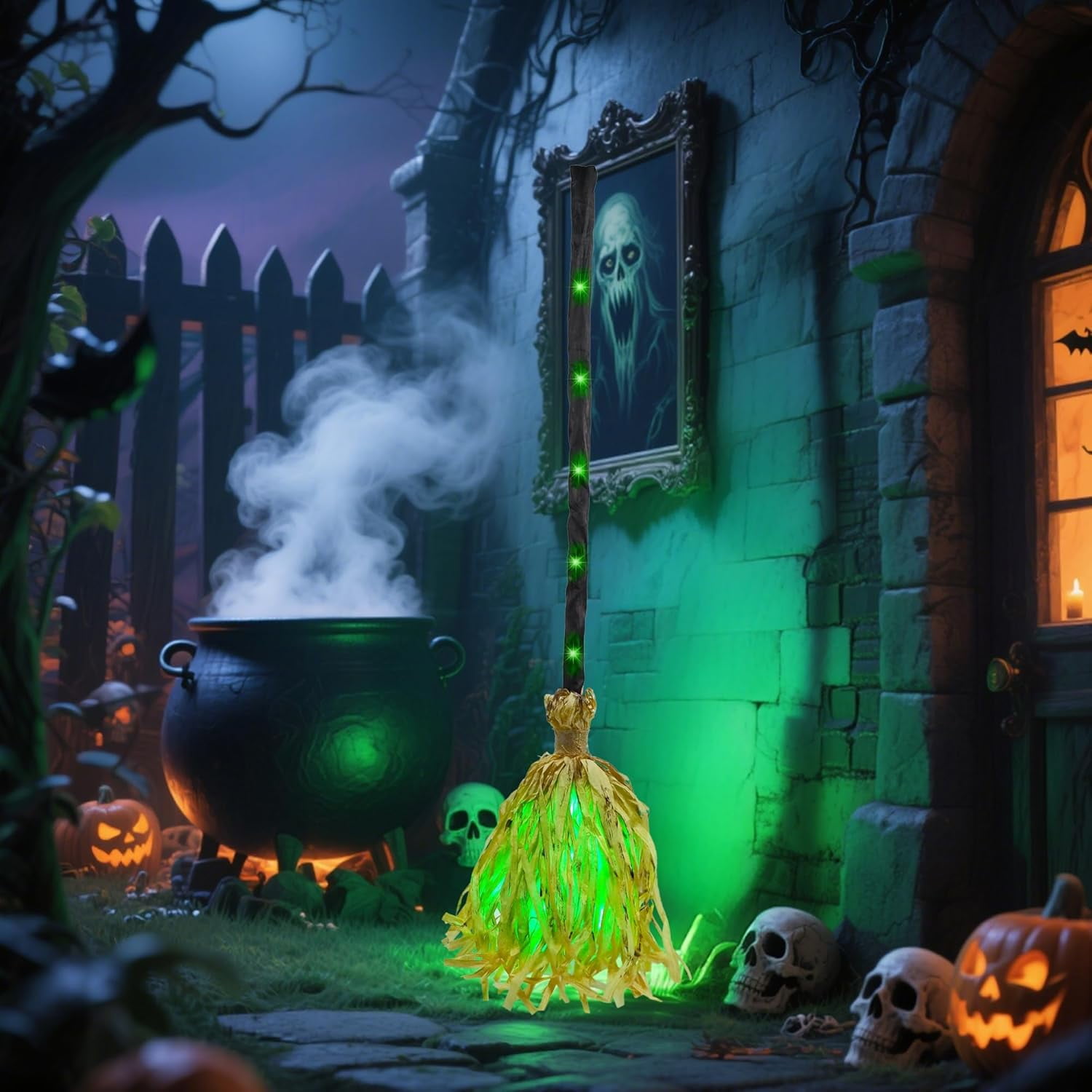 HPHW Witches Broom Halloween Decor - 35" Animated Light up Moving ...