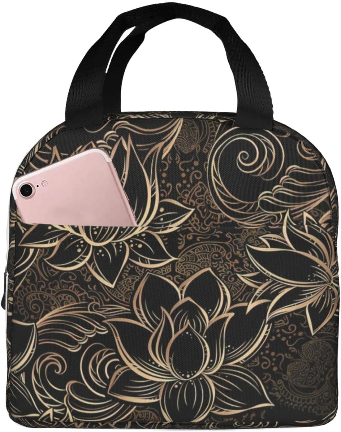 HPINK-T Boho Gold Lotus Flowers Lunch Bag For Woman Man Insulated Lunch ...