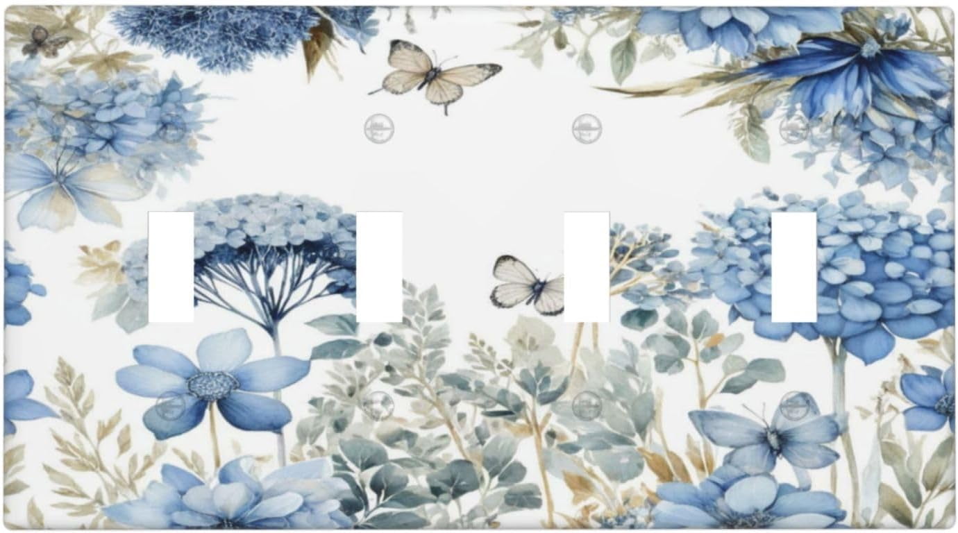 HPINK-T Decorative Outlet Covers Blue Flowers Butterflies 4-Gang Quad ...