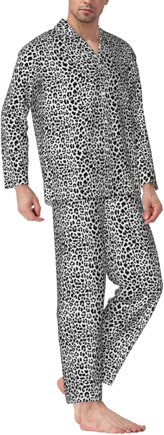HPINK-T Mens Pajamas Set Black Leopard Print A Button Down Pajamas Sets ...