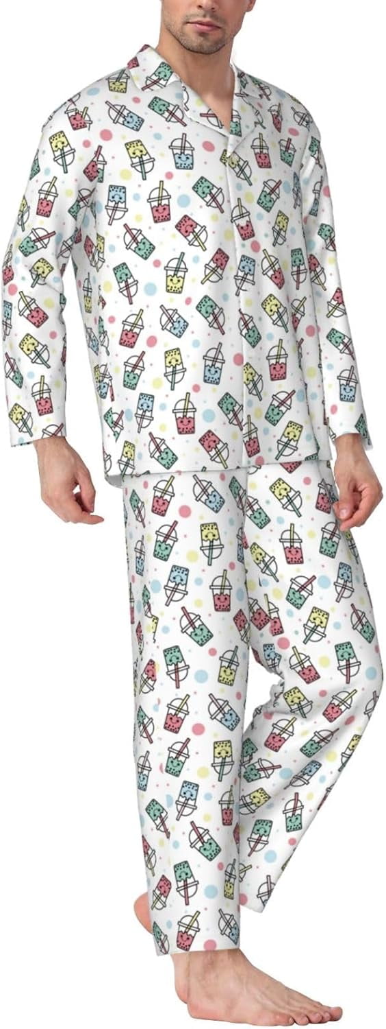 HPINK-T Mens Pajamas Set Boba Milk Tea Button Down Pajamas Sets For Men ...