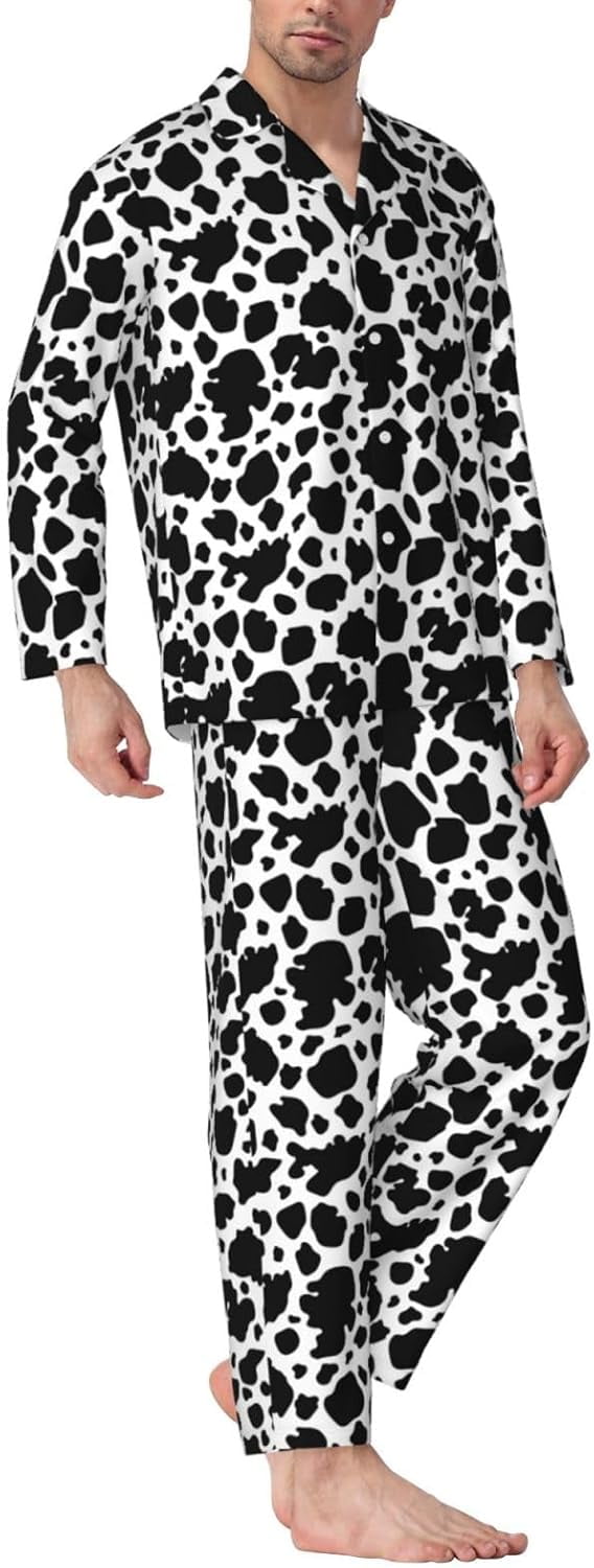 HPINK-T Mens Pajamas Set Cute Cow Print Black White Button Down Pajamas ...