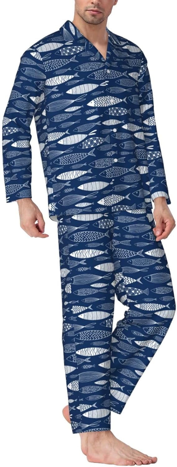 HPINK-T Mens Pajamas Set Ornamental Fish Button Down Pajamas Sets For ...