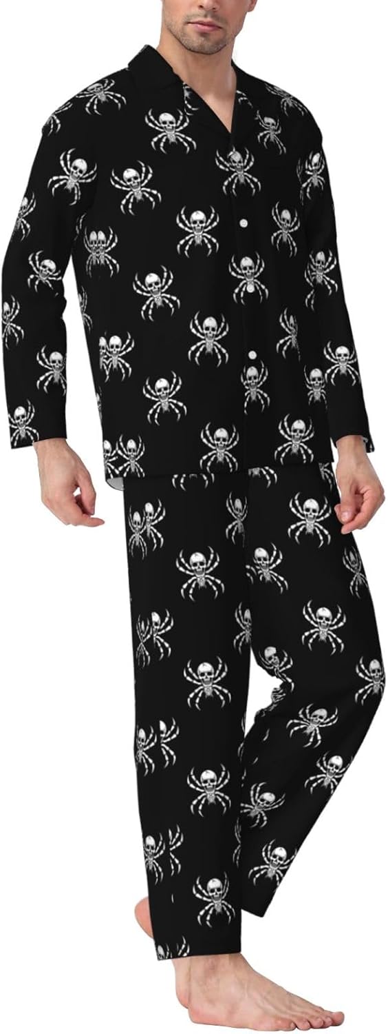 HPINK-T Mens Pajamas Set Spider Skeleton Black Cool Button Down Pajamas ...