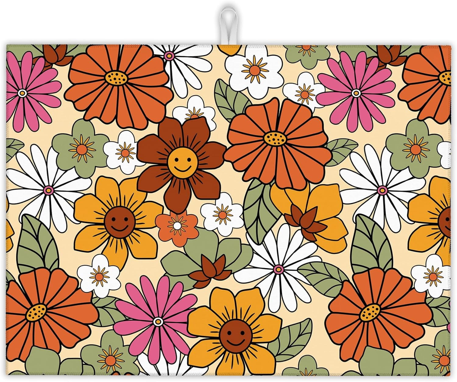 HPINK-T Retro 70s Groovy Flowers Daisy Boho Dish Drying Mat,Boho ...