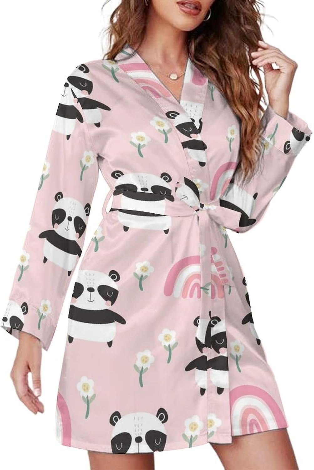 HPINK-T Short Robes Long Sleeve for Women Cute Cartoon Panda Belted ...