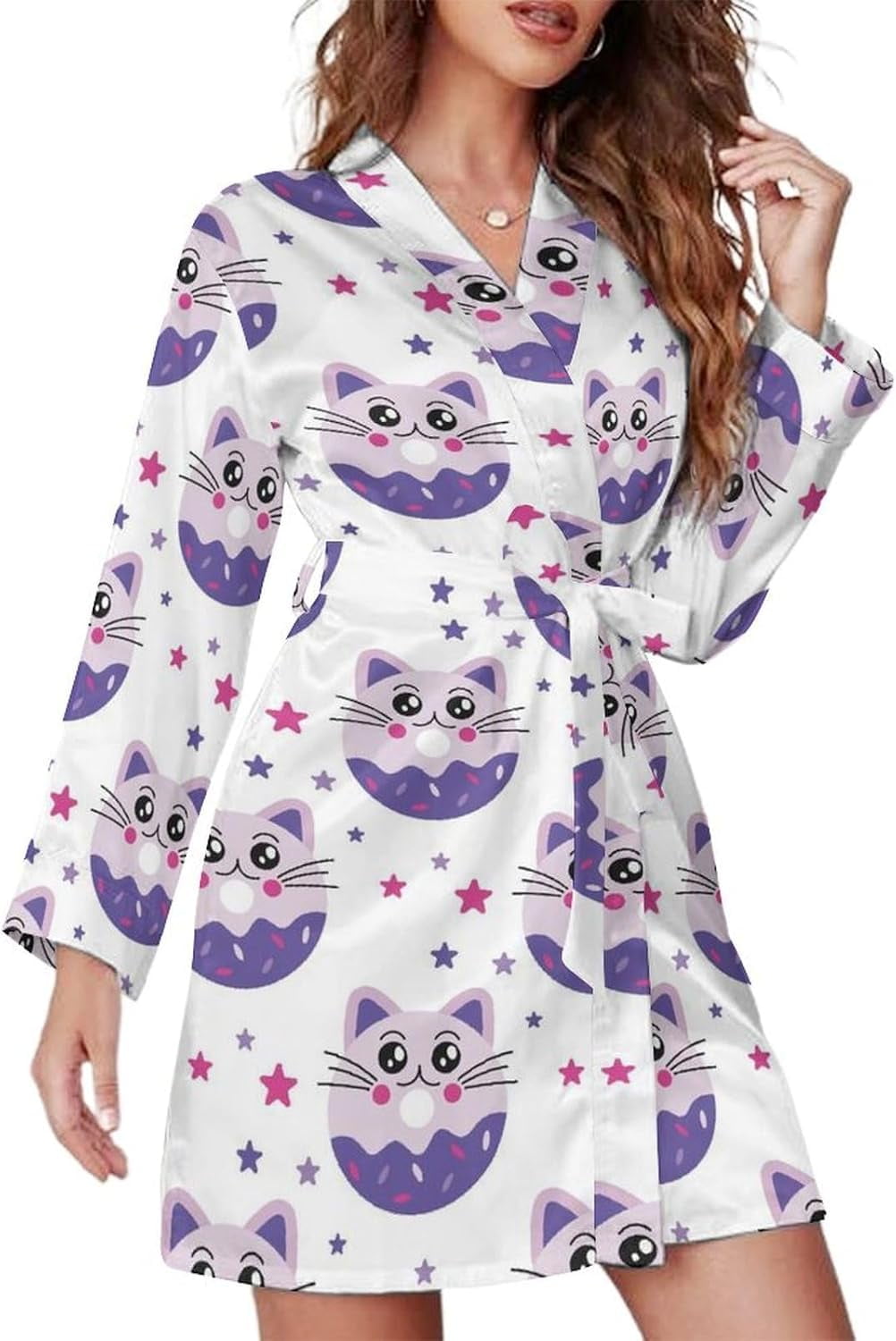 HPINK-T Short Robes Long Sleeve for Women - Cute Cat Donut Print Purple ...