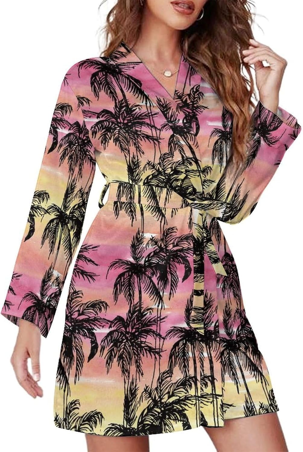HPINK-T Short Robes Long Sleeve for Women Palm Tree Belted Bathrobe ...