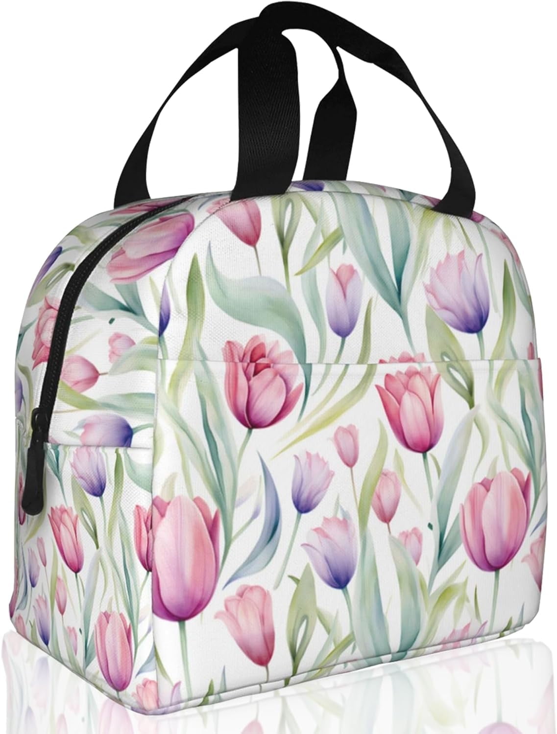 HPINK-T Tulip Flowers Watercolor Floral Insulated Lunch Bag Reusable ...