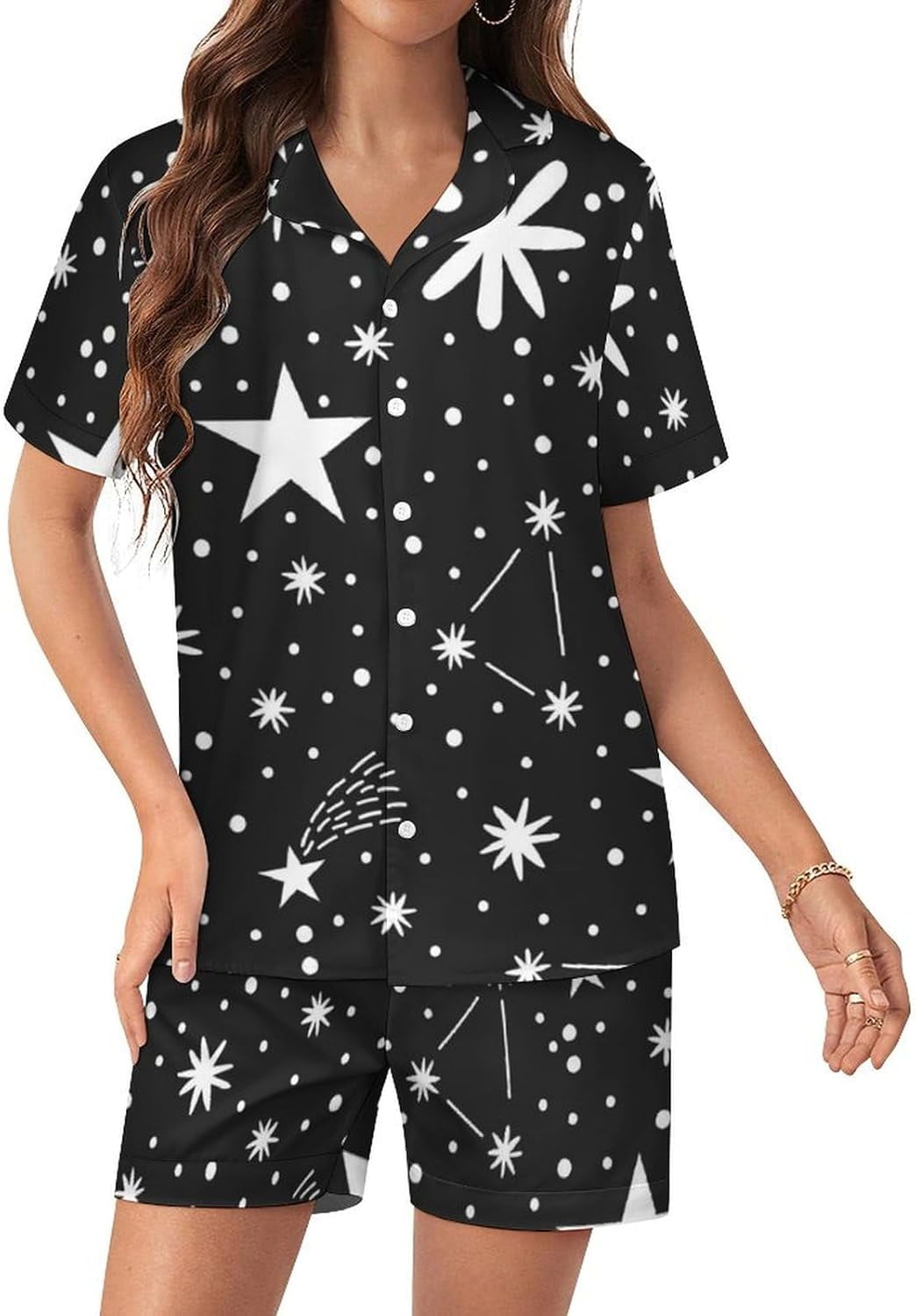 HPINK-T Women Satin Pajamas Shorts Sets Pattern with Stars Silk PJs 2 ...
