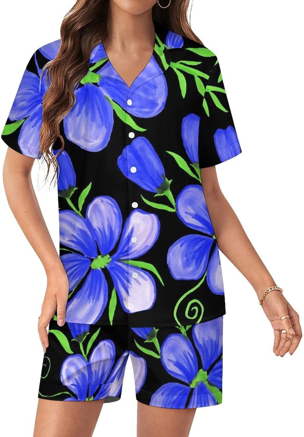 HPINK-T Women Satin Pajamas Shorts Sets Watercolor Flowers Black Silk ...