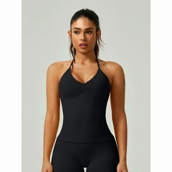 HPINK-T Women's Solid Color Ruched Halter Neck Sports Vest, Breathable ...