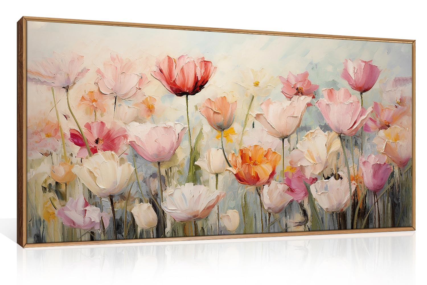 HPNIUB Large Hand-Painted Nature Wildflowers Framed Wall Art Pink ...