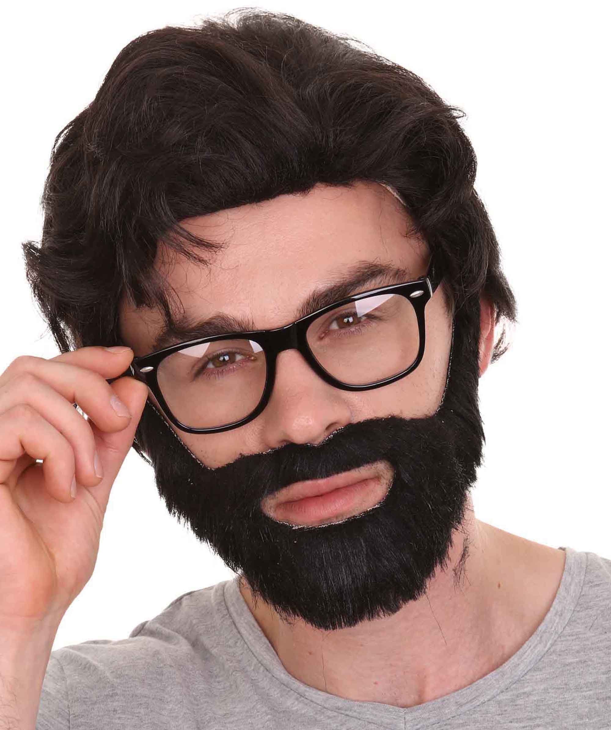 HPO Adult Crime TV | Men's Medium Length Side Part Black Straight Bearded Cosplay Wig with Black ...