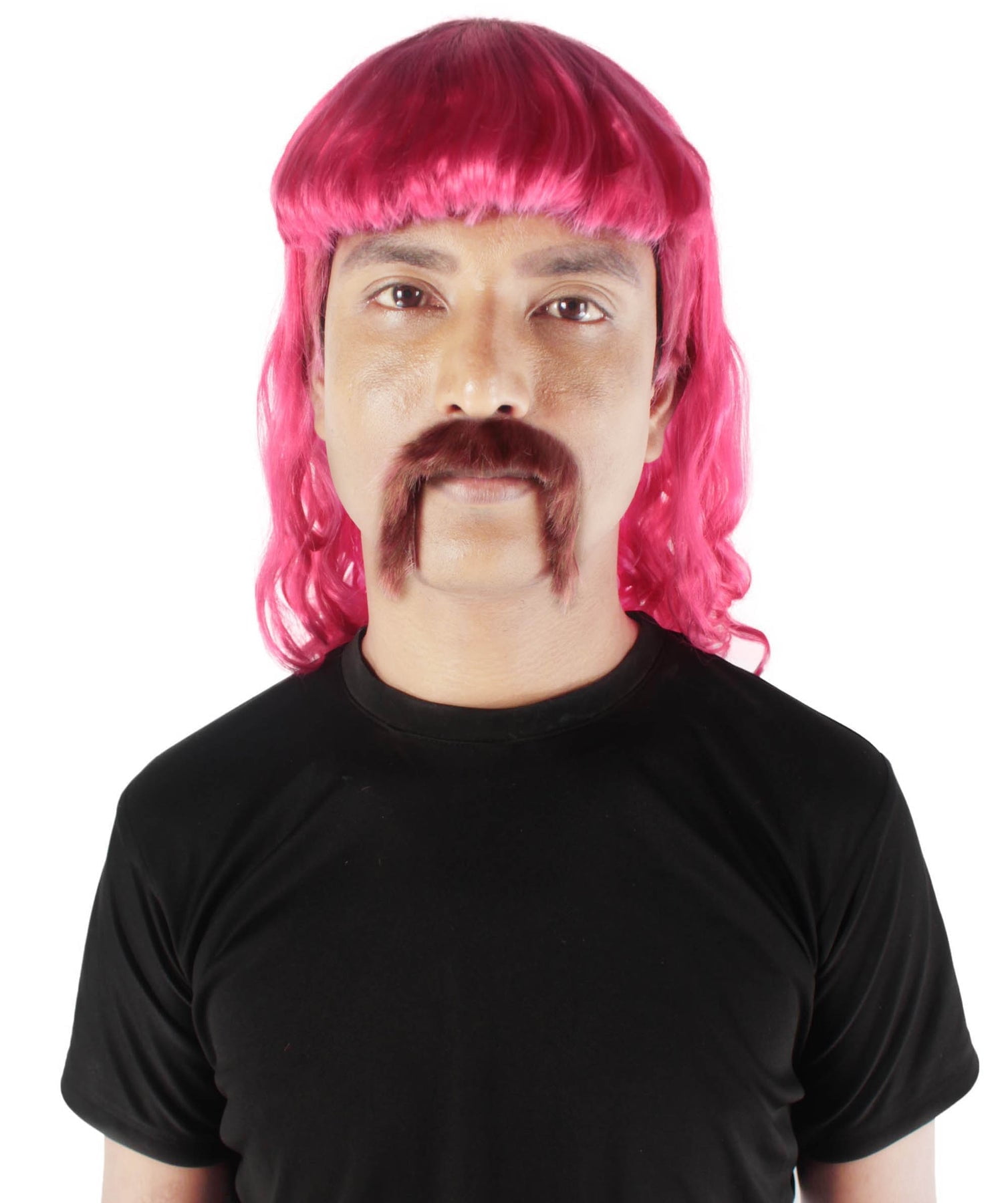 HPO Adult Men's 80's Mullet Wig with Handlebar Mustache Set, Long Curly ...