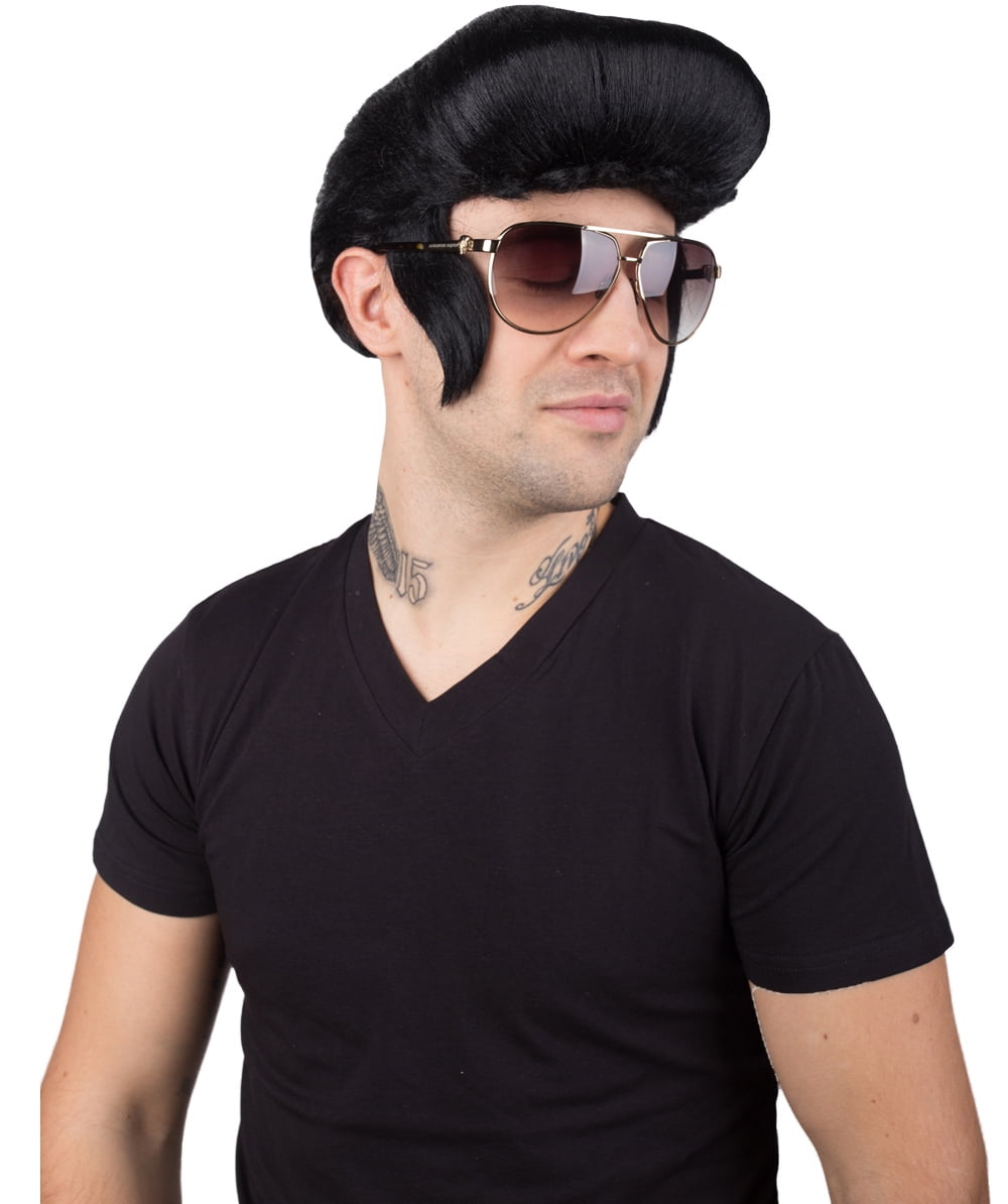Hpo Adult Mens Black Color Straight Updo Rock And Roll Icon Wig Non Flammable Synthetic