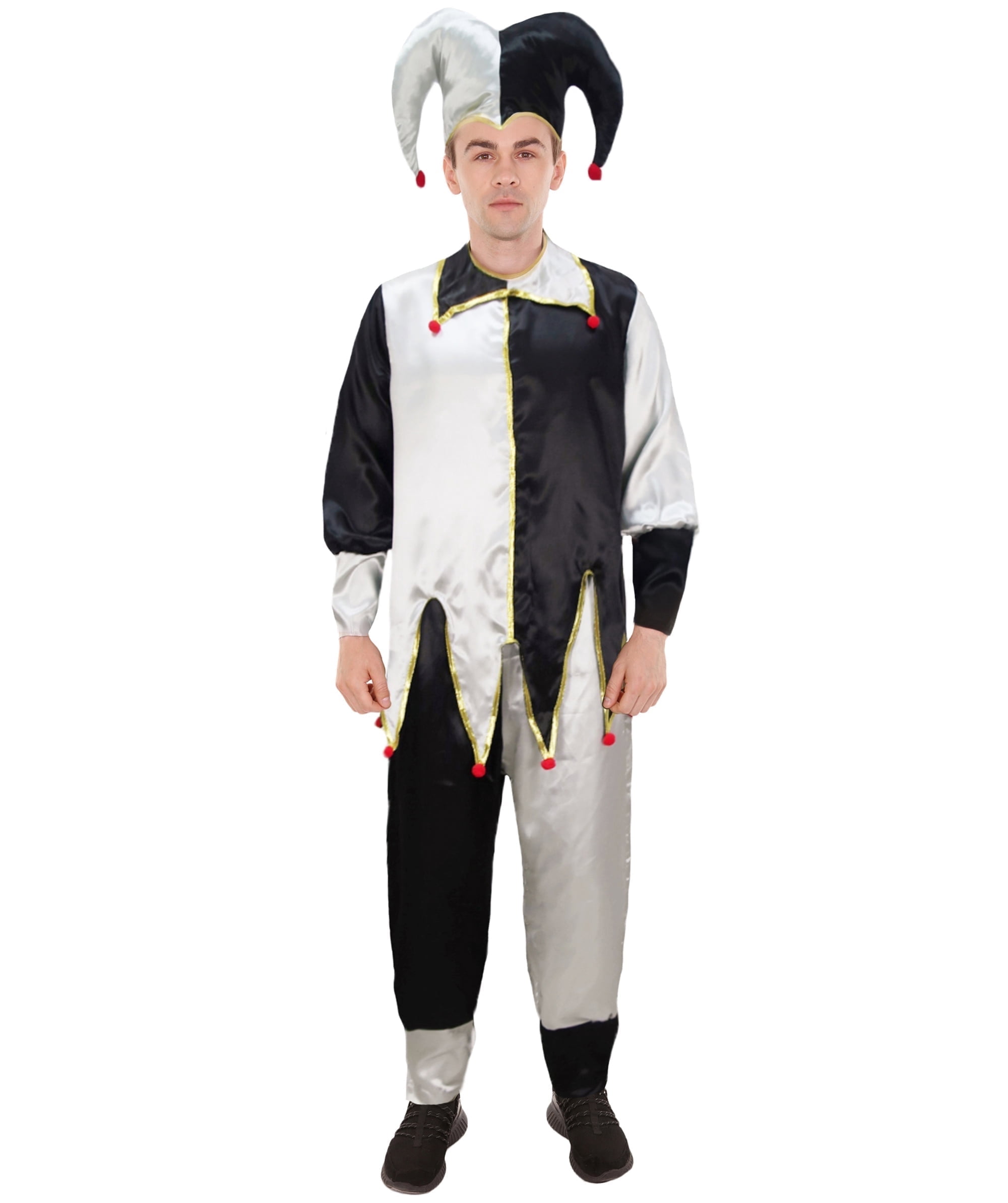 HPO| Adult Men's Black & White Jester Costume| Non-flammable Synthetic ...