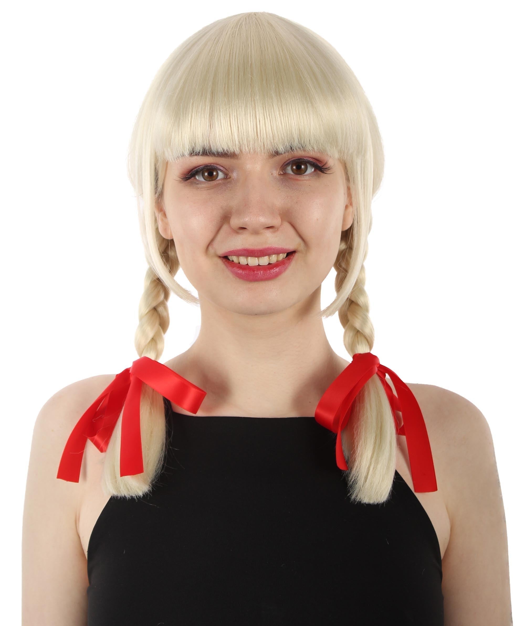 HPO Adult Women's Pigtail Wig Blonde, Evil Doll Wig with Red Ribbons ...