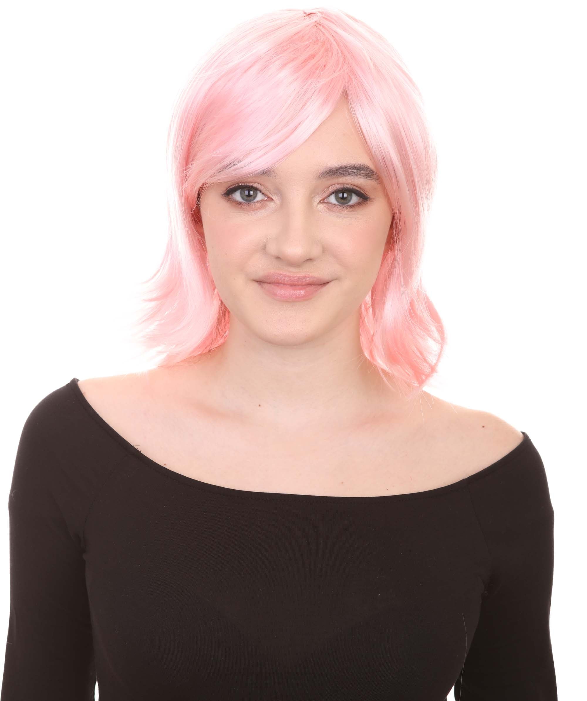 HPO Adult Women's Bob Style Short Wig with Side Bangs | Pink Color ...