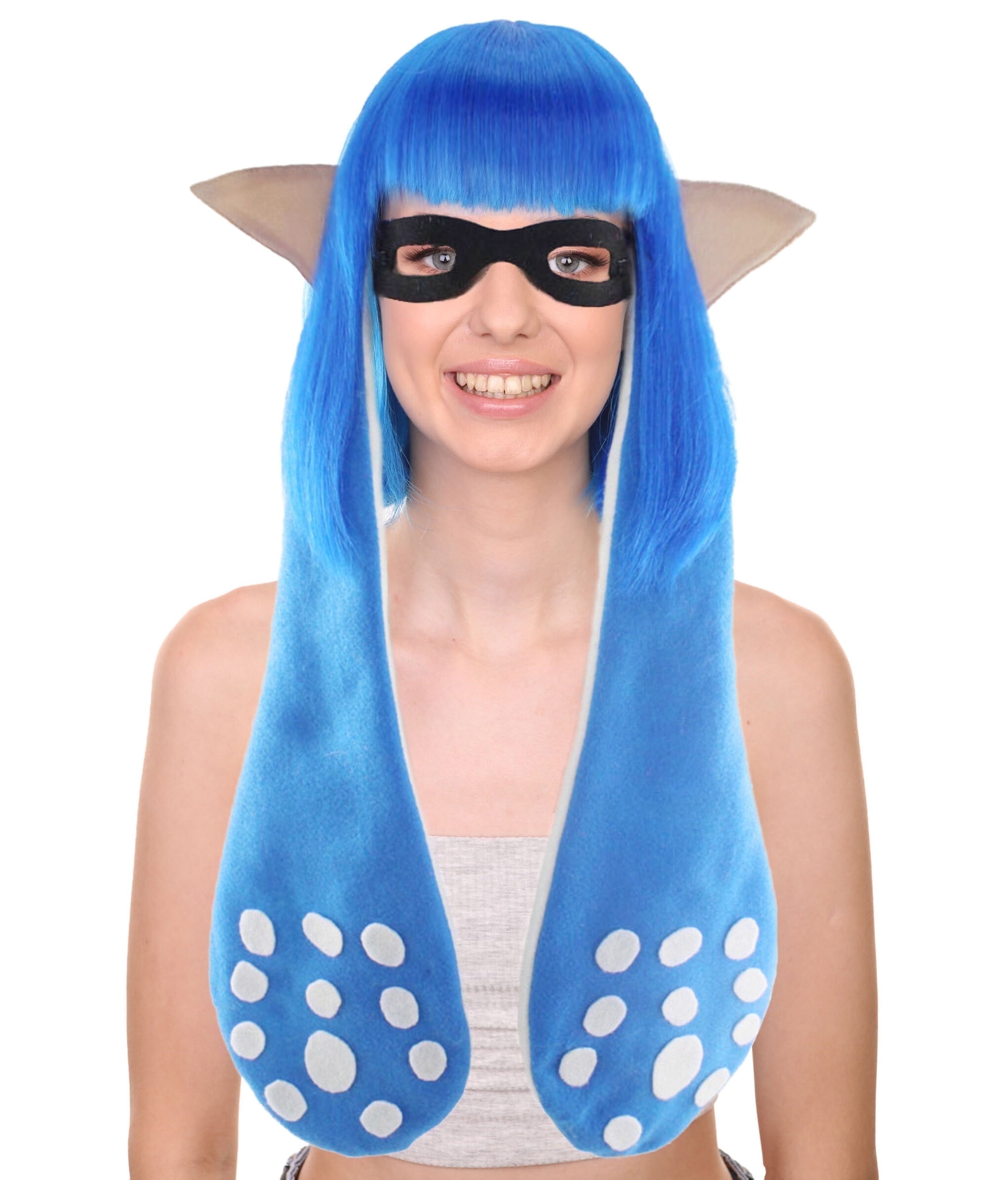 HPO Adult Women's Inkling Girl Blue Color Wig and Ears with Mask Set ...