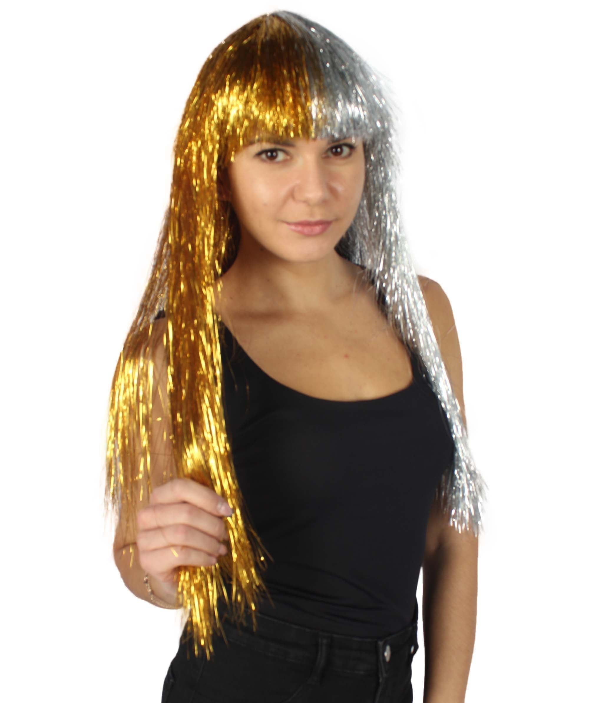 HPO Adult Women's Long Tinsel Wig Gold and Silver Color | Party Ready ...