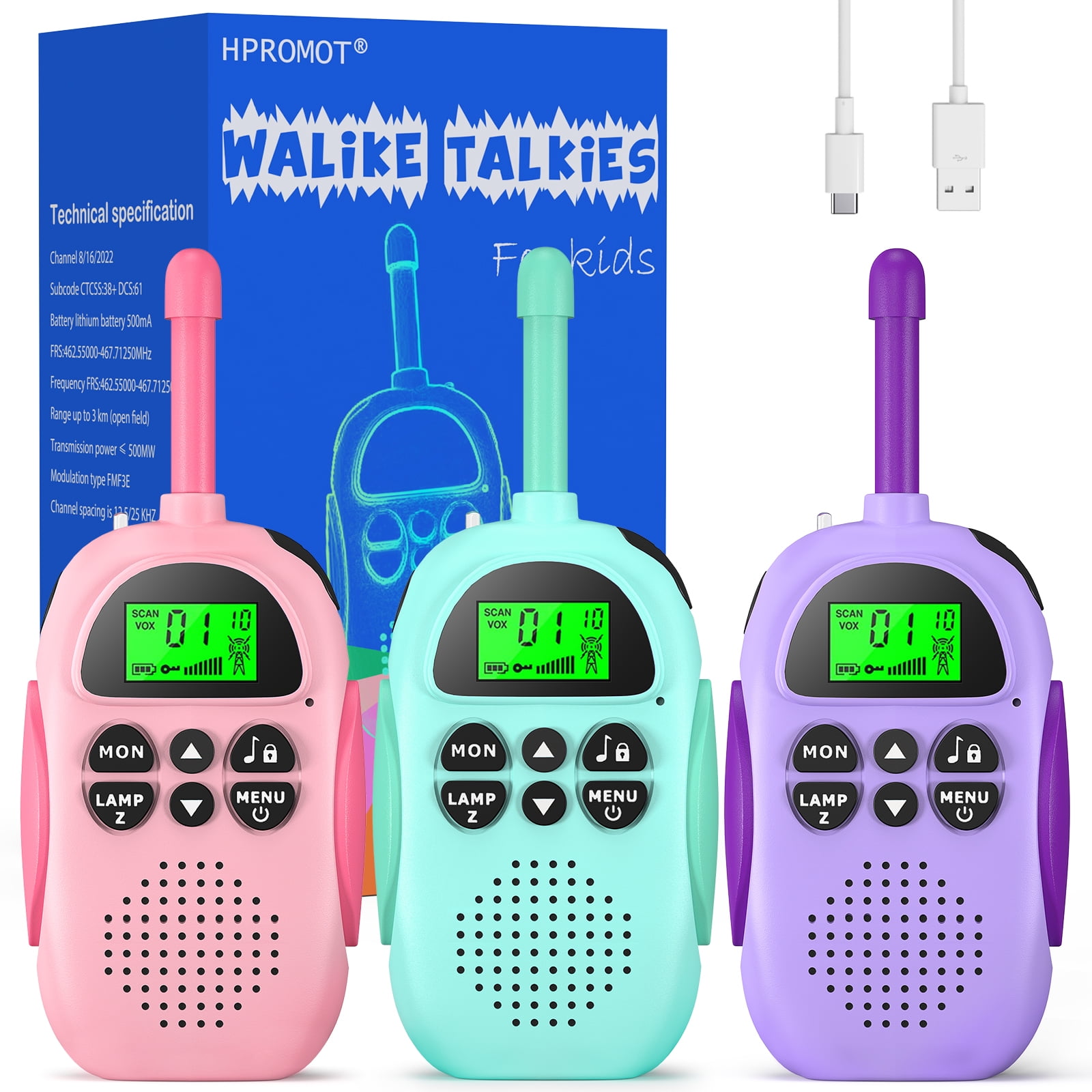 HPROMOT Rechargeable 3 Pack Walkie Talkies for Kids,2 Way Radio,Toy ...