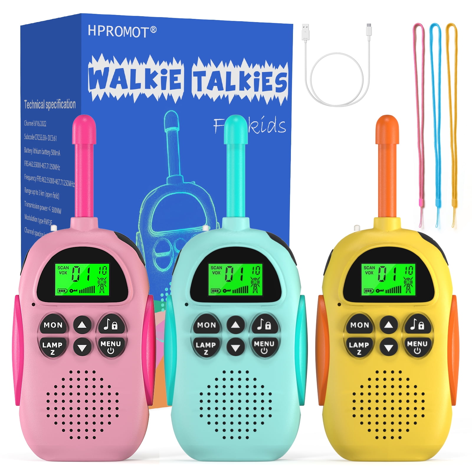 HPROMOT Rechargeable Walkie Talkies 3 Pack for Kids, USB Charging, 22 ...