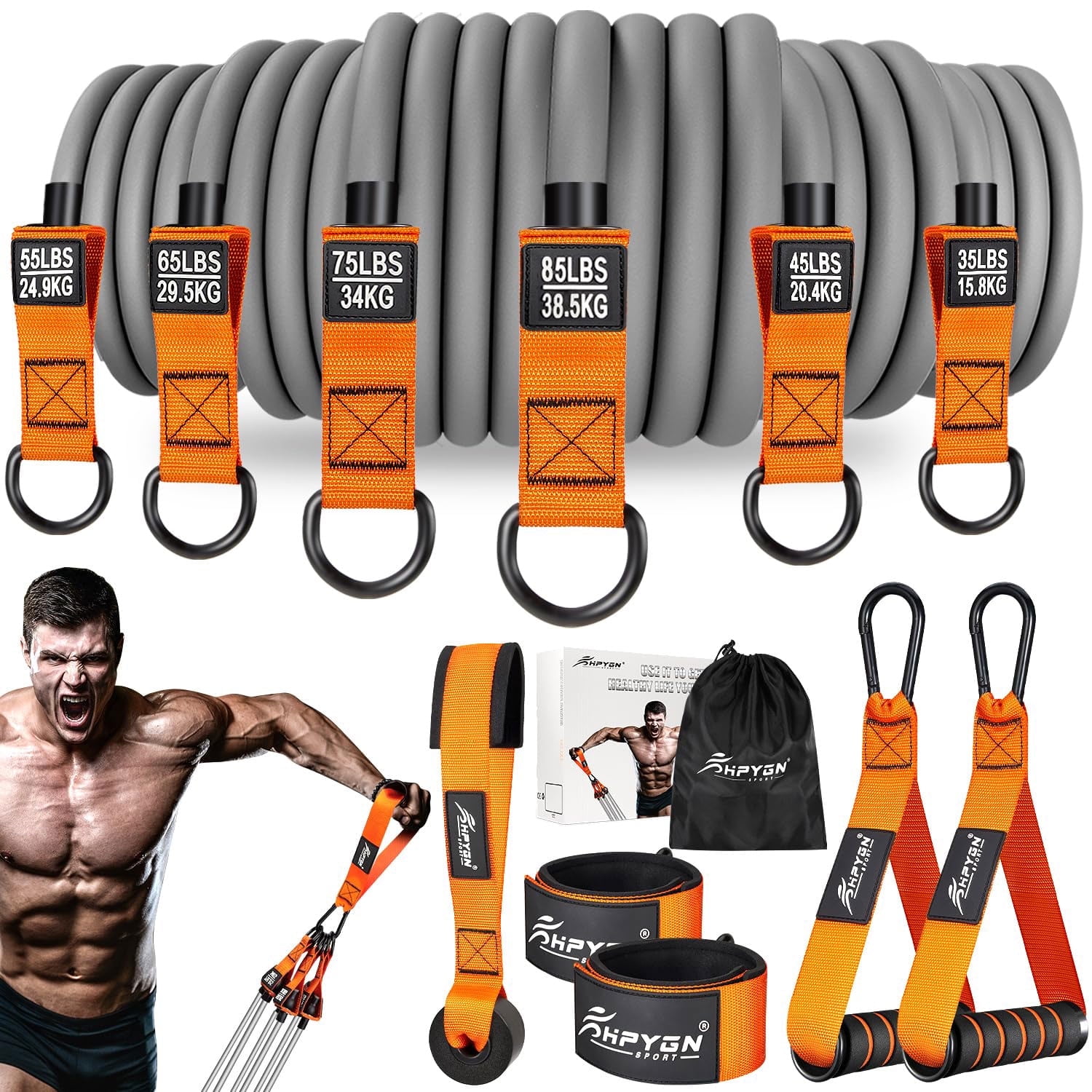 HPYGN Resistance Bands Set with Handles Door Anchor Ankle Straps 360lb ...